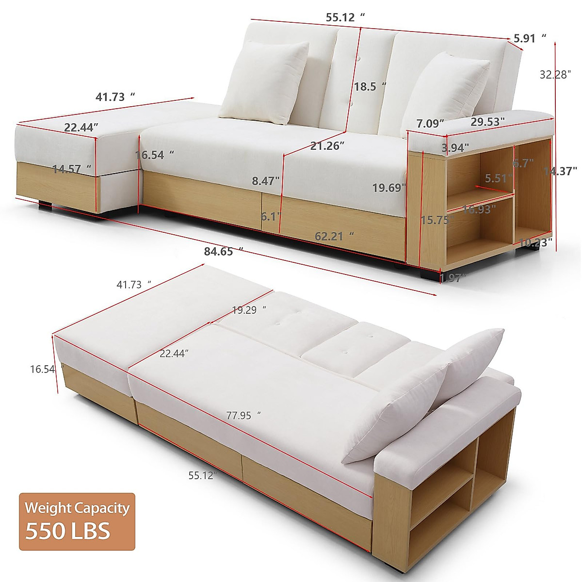 cinkehome 85" Convertible Sleeper Sofa with Adjustable Backrest, Multifunctional Couch Bed for Living Room, Storage Ottoman, Built in Drawer, Bookself and Cup Holders, Comfy Cotton-Linen, Beige