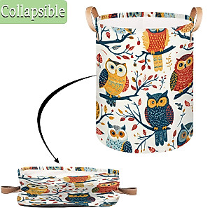 Tablerazzi Laundry Hamper Owl Colorful Large Collapsible Laundry Baskets Waterproof Clothes Hamper with Leather Handles for Bedroom, Bathroom, Dorm, Toys
