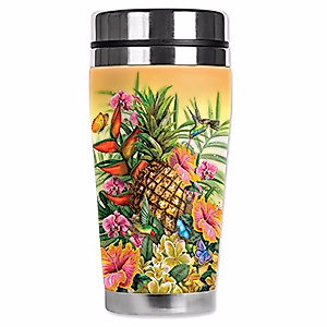 Mugzie "Pineapple" Stainless Steel Travel Mug with Insulated Wetsuit Cover, 20 oz, Black