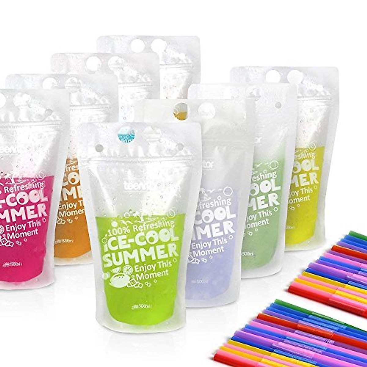 Teenitor 100 Drink Pouches Bags with 100 Disposable Plastic Straws, Smoothies Protein Shakes Juices Drink Bags Bags, Stand up Drink Container Non-Toxic16oz