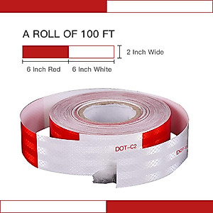 JCXJ 2inx100Ft Dot-C2 Red/White Reflective Safety Conspicuity Tape Waterproof High Intensity Reflective,Caution Sign,Driveway reflectors Tape for Vehicles,Trailers,Boats,Signs,Outdoor, Cars, Trucks