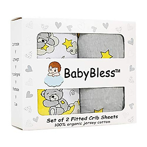 Organic Crib Sheets (2 Pack) - 100% Organic Jersey Cotton Fitted Crib Sheets for Standard Crib and Toddler Mattresses |Star and Bear Print | (Grey, Yellow, White)