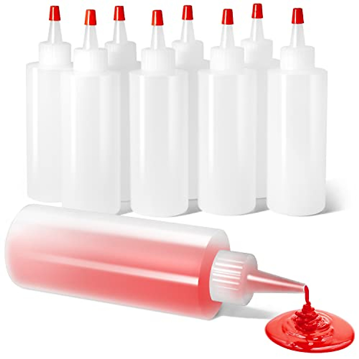 4-Ounce Squeeze Bottles with Red Tip Cap (8-Pack), BPA Free and Latex-Free, Food-Grade Mini-Bottles (120mL) - for Arts and Crafts, Glue, Icing, Griller, Sauces, Dressings, Condiments, Cake Decorating