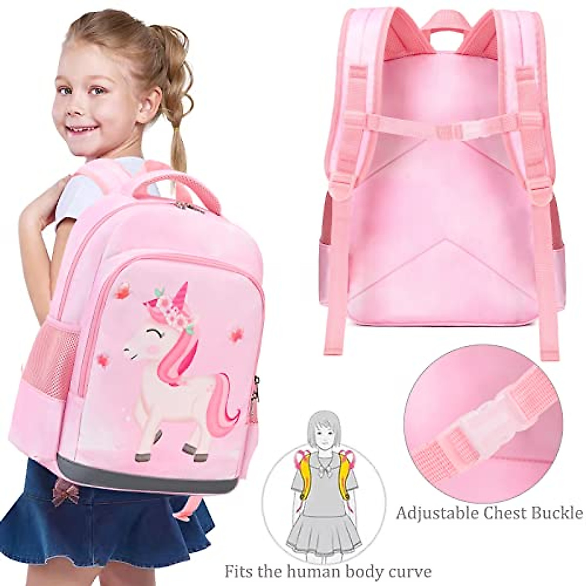 JIANYA Kids Backpack for School Girls Backpack Lunch Box Set Unicorn Preschool Kindergarten Bookbag with Chest Strap