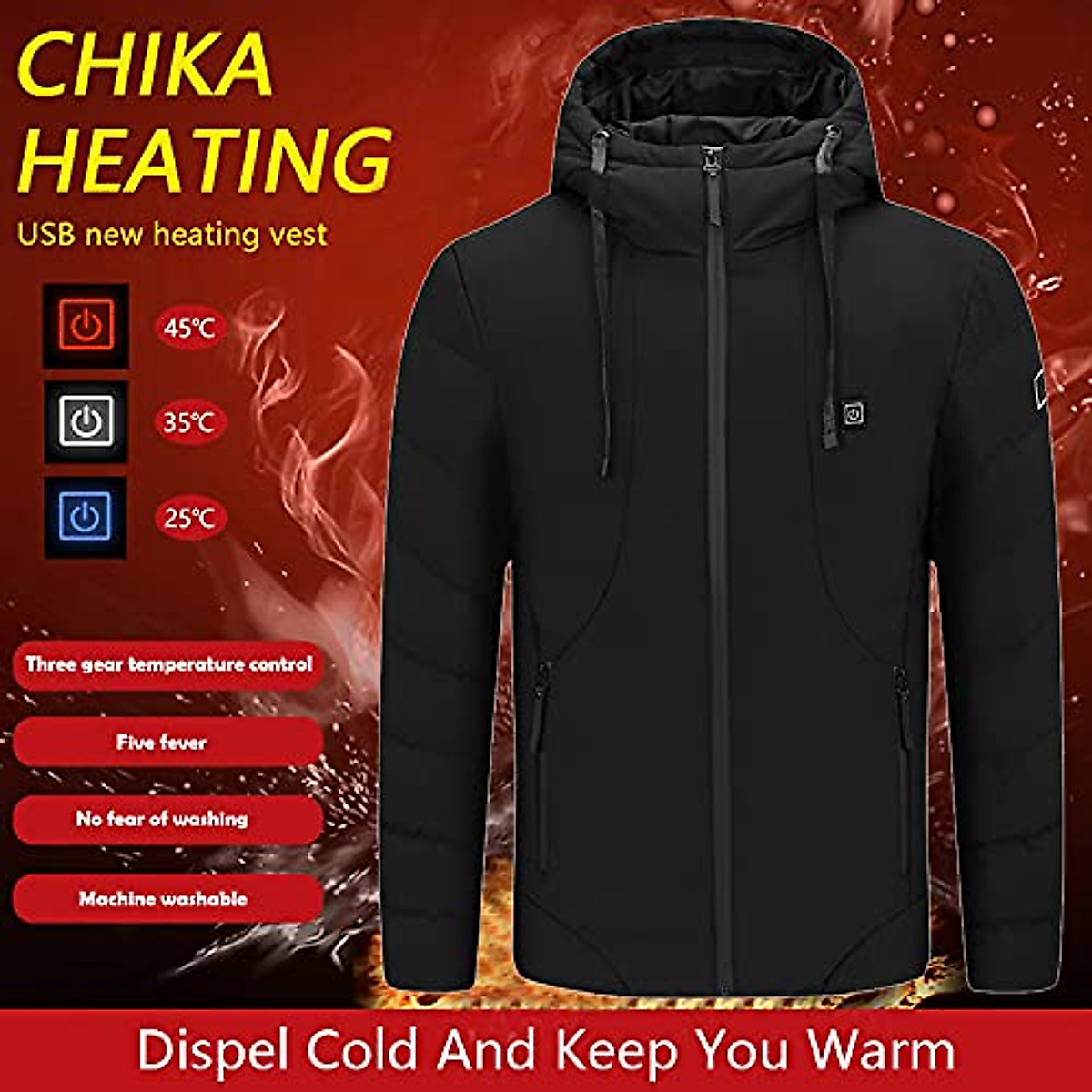 Puffy Jackets Men and Heating Temperature Three Control 5- Coat Hooded Gear Coat Charging Women Men USB Men's Black