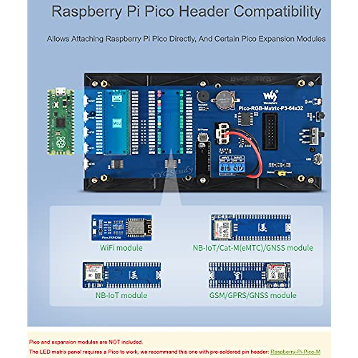 XYGStudy RGB Full-Color Multi-Features Digital Clock for Raspberry Pi Pico, 64×32 Grid, Accurate RTC