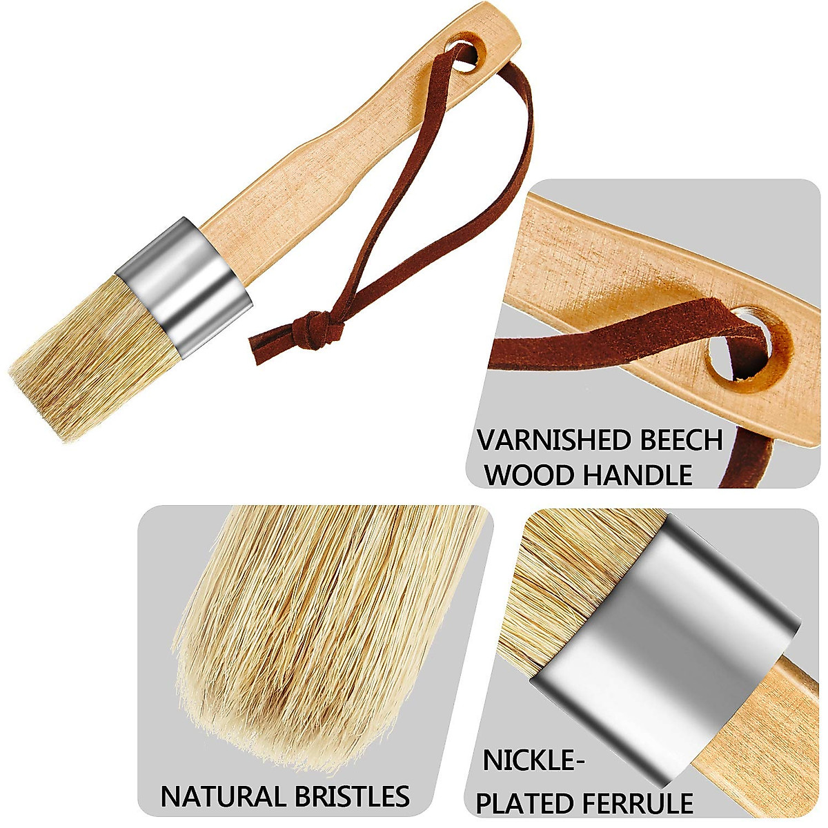 3 Pieces Chalk and Wax Paint Brushes Bristle Stencil Brushes for Wood Furniture Home Decor, Including Flat, Pointed and Round Chalked Paint Brushes (Burlywood)