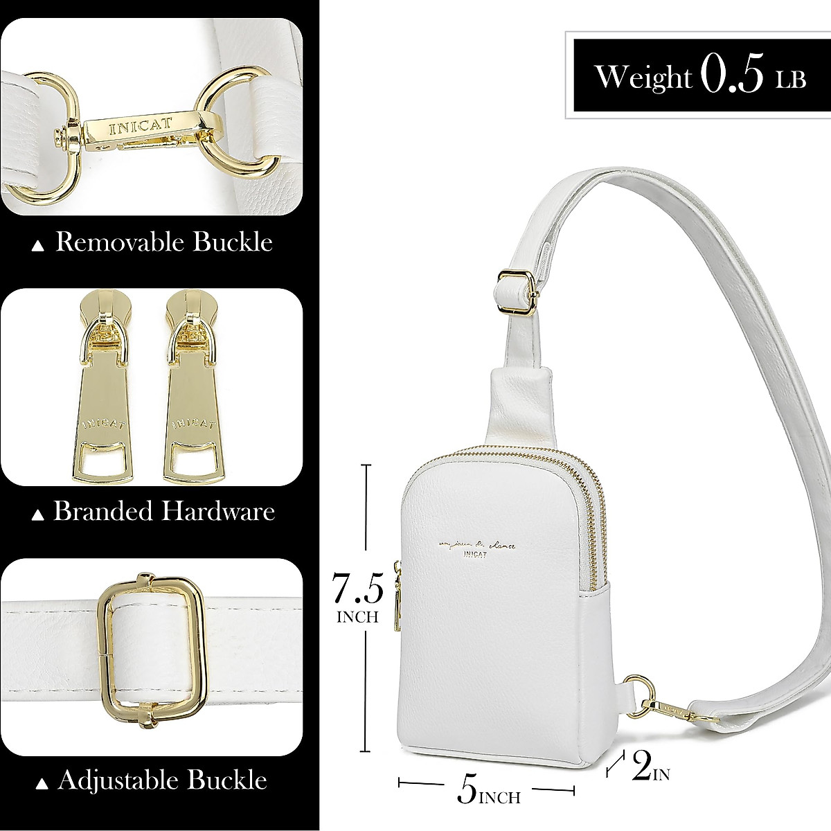 INICAT Small Crossbody Sling Bags for Women Vegan Leather Cell Phone Purse Fanny Packs for Women Men (White)