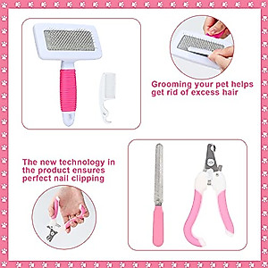 VCZONE 8 Pcs Small Animal Pink Grooming Kit, Rabbit Grooming Kit with Pet Nail Clipper and File, Flea Comb, Pet Shampoo Bath Brush , Pet Shedding Slicker Brush, Bath Massage Glove, Cleaning Comb (Pink)