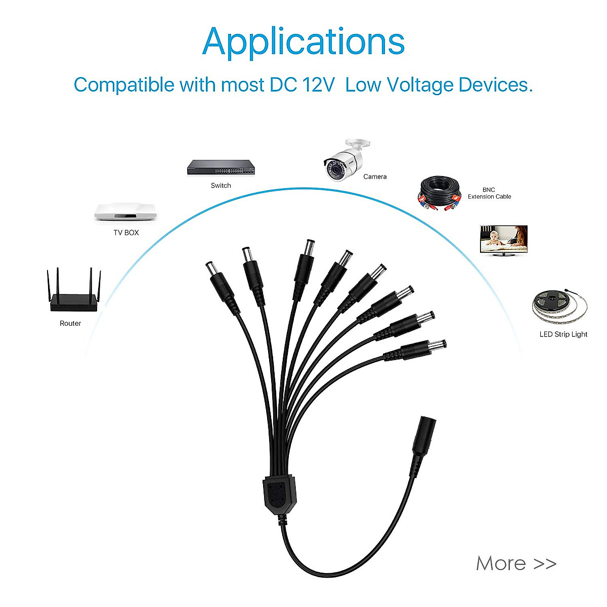 ZOSI DC 1 Female to 8 Male Output Power Splitter Cable Y Adapter For CCTV Accessories Black
