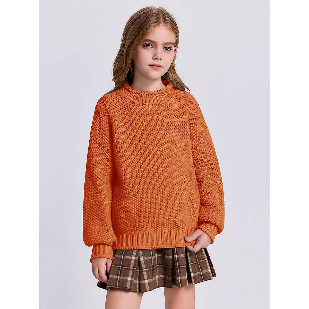 Imily Bela Girls Turtleneck Sweaters Kids Batwing Sleeve Knit Clothes Chunky Pullover Jumper A-Orange