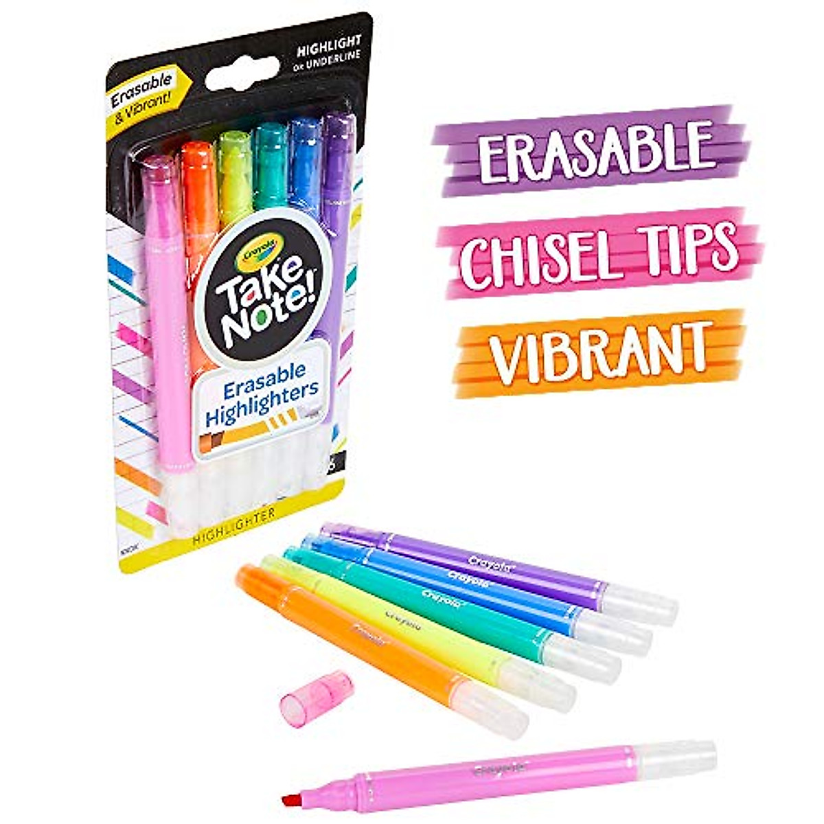 Crayola Take Note Erasable Highlighters, Cool School Supplies, Chisel Tip Markers, 6 Count