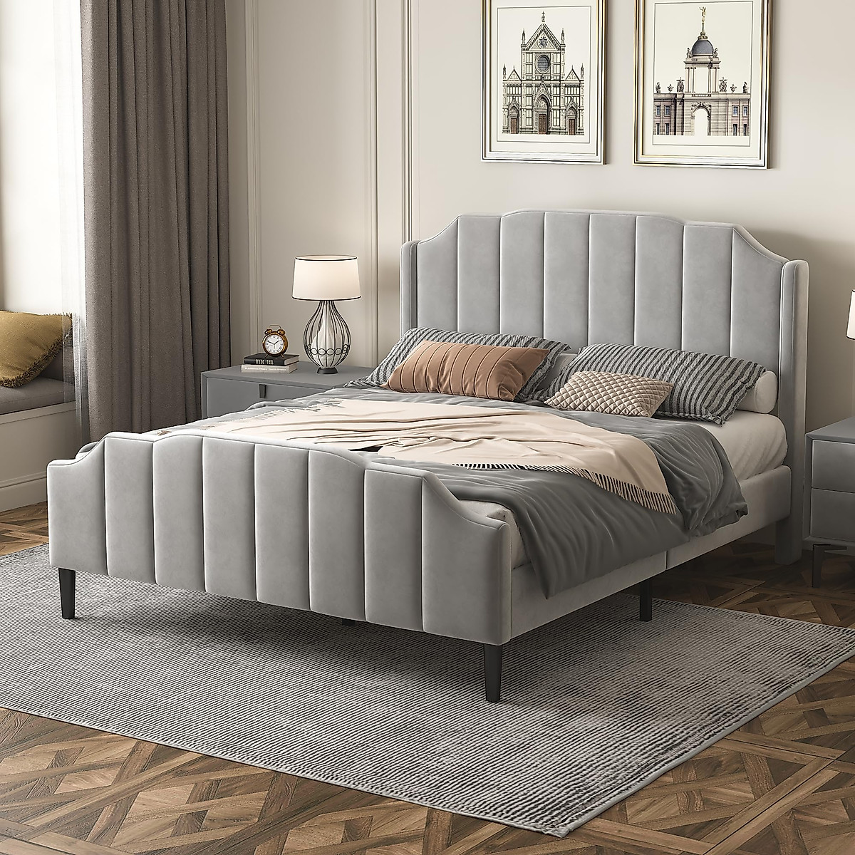 RUNWON Queen Size Upholstered Platform Bed,Bed Frame with Headboard and Footboard for Living Room/Bedroom, Velvet Fabric,Gray