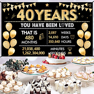 40th Birthday Banner Backdrop Decorations for Men Women, Black Gold Happy 40th Birthday Background Party Supplies, Happy 40th Anniversary Photo Props Decor for Outdoor Indoor