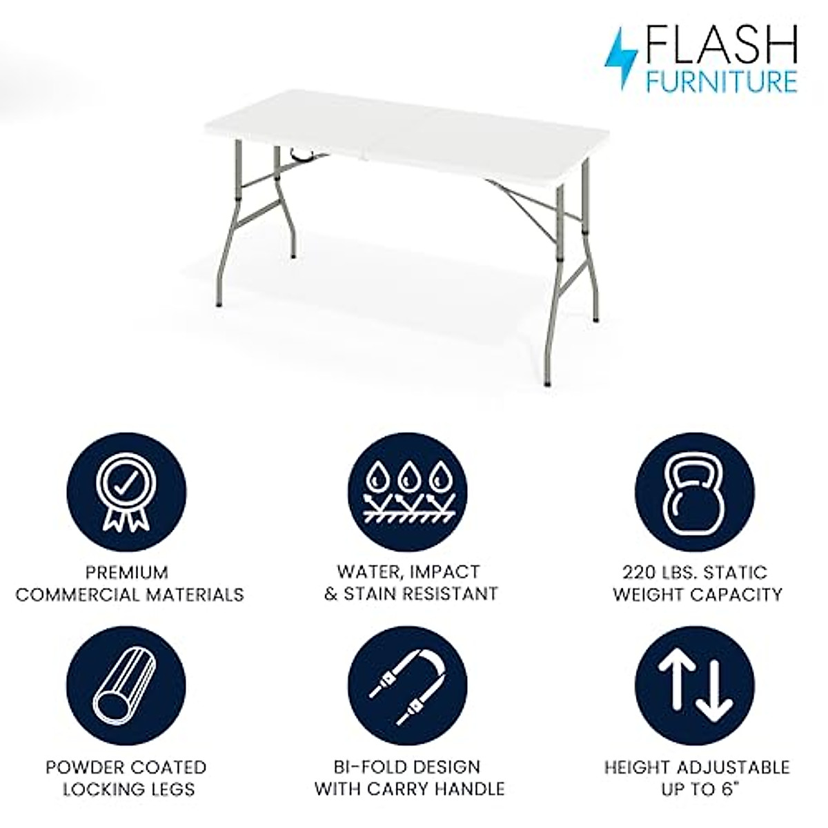 Flash Furniture Kathryn 5' Rectangular Plastic Folding Event Table with Carrying Handle, Bi-Fold Portable Banquet Table for Indoor/Outdoor Events, White