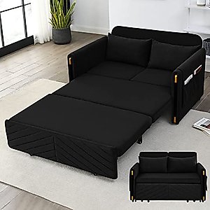 CALABASH Sofa Bed,Pull Out Couch Bed Sleeper Sofa,54" Modern Convertible Velvet Loveseat with 2 Pillows and Side Pockets, Small Love seat Sofa Bed w/Headboard for Living Room, Apartment (Black)