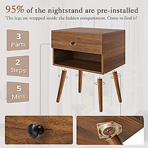 Mazefur Hidden Compartment Night Stand Set 2, Mid Century Modern Concealment Furniture, End Table with Storage Drawer, Bedside Table with Wood Legs for Bedroom (2,Walnut)