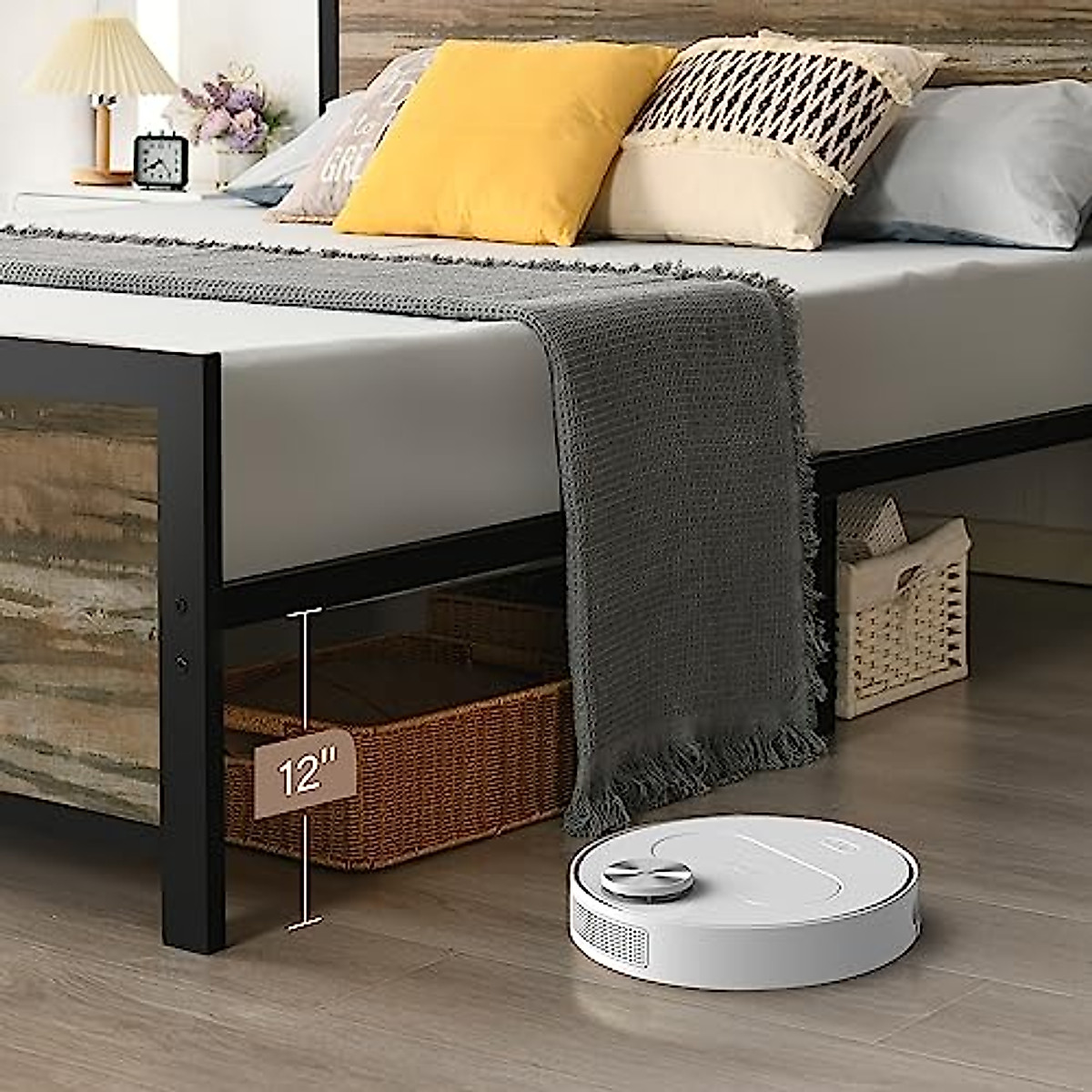 Catrimown Full Size Platform Metal Bed Frame with Wooden Headboard and Footboard, Rustic Full Bed Frame No Box Spring Needed, Under Bed Storage/Strong Slat Support/Easy Assembly, Brown