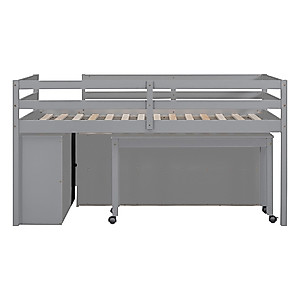 Kids Twin Low Loft Bed with Storage, Twin Size Loft Bed with Portable Desk and 4 Drawers, Wood Twin Loft Bed with Shelves, Modern Farmhouse Junior Loft Bed for Kids Boys Girls, Gray