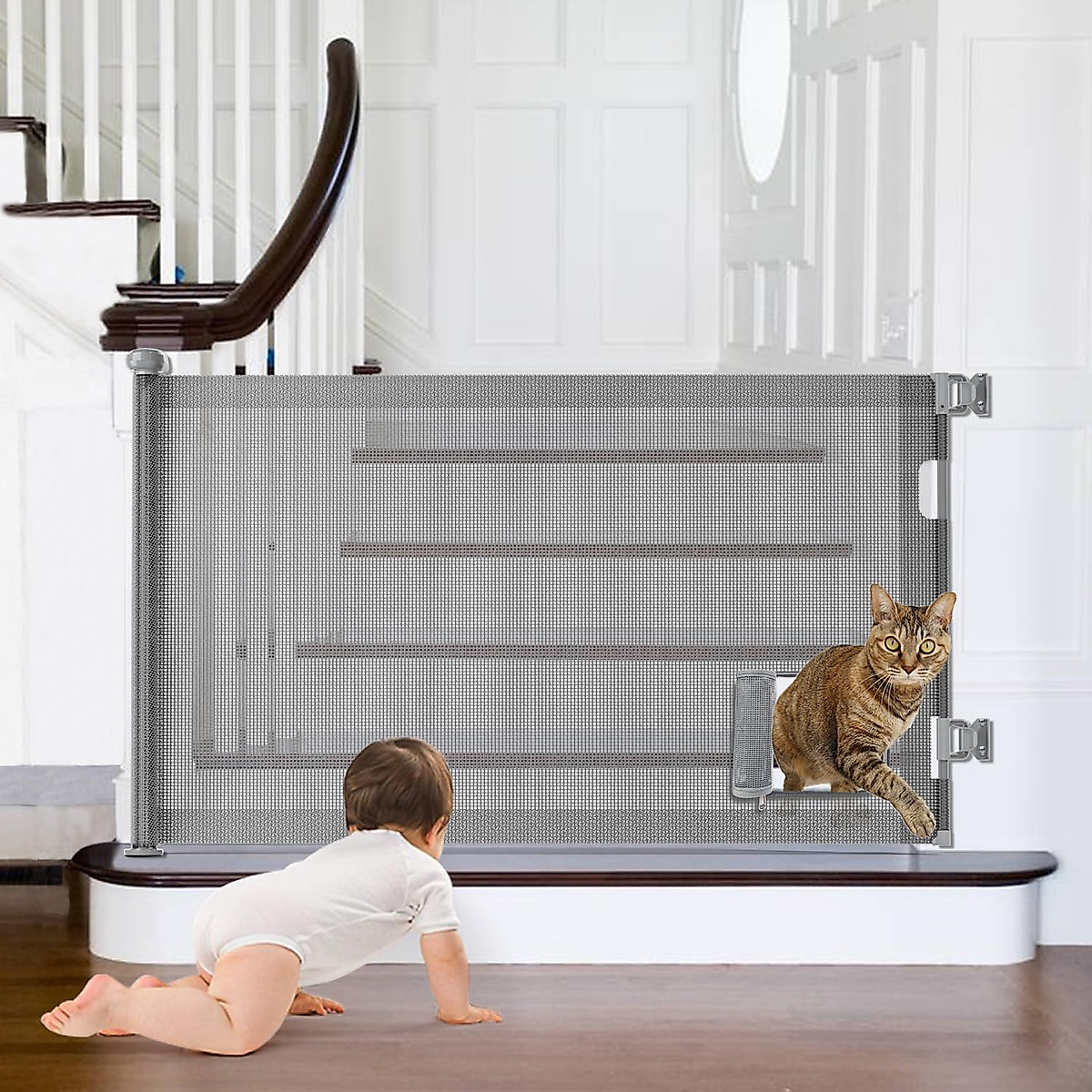 GROWNSY Retractable Baby Gates, Pet Gate with Cat Door - 33" Tall, Extends to 55" Wide Dog Gate for Stairs, Mesh Baby Gate with Door for Cats/Small Dogs, Easy Install for Doorways, Indoor &Outdoor