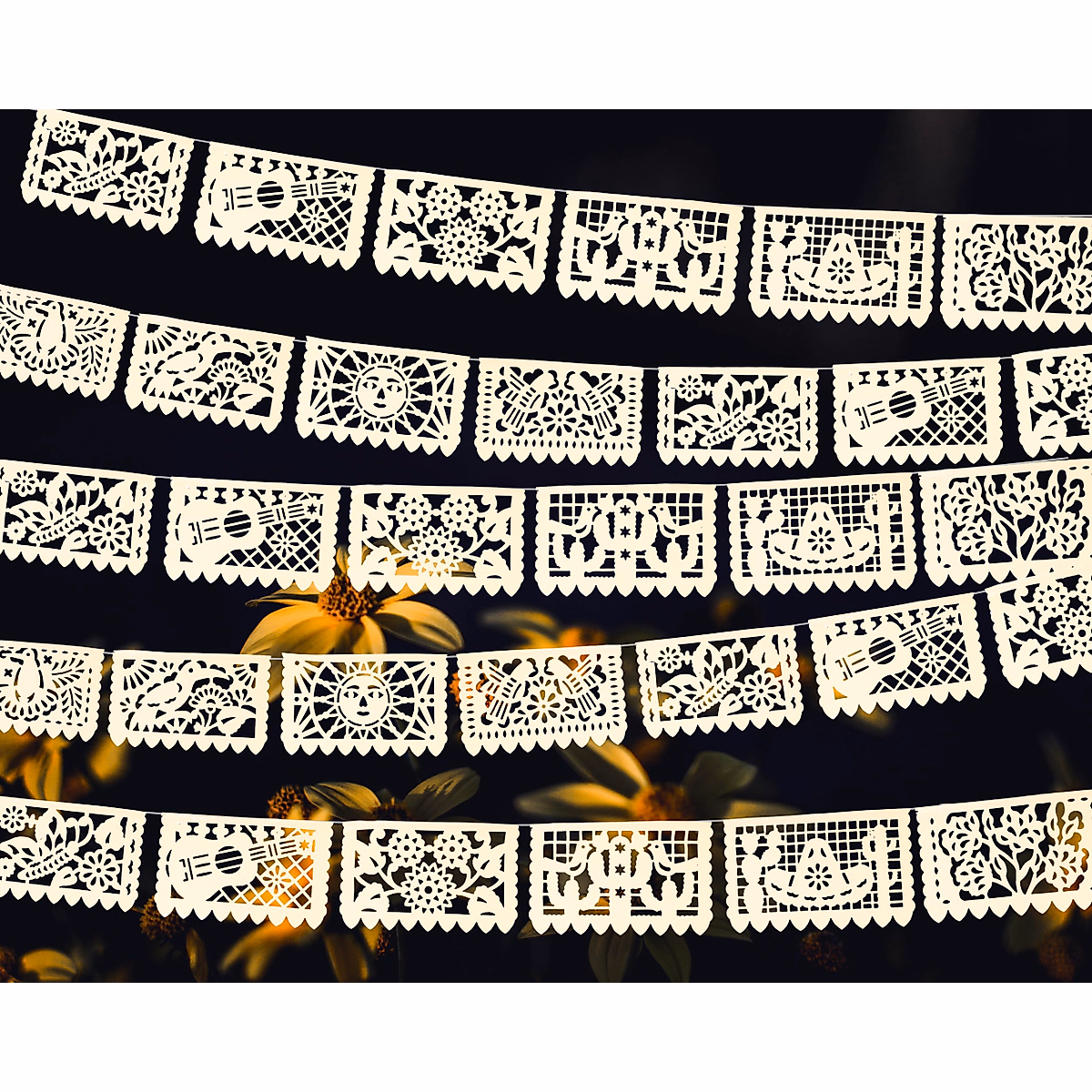 Ivory Papel Picado Banners (Plastic) Fiesta Decorations for Weddings, Bridal Shower, Engagement, Birthday, Baby Shower, Mexican Party Banner, Garland, Bunting, Streamer 3 Pack