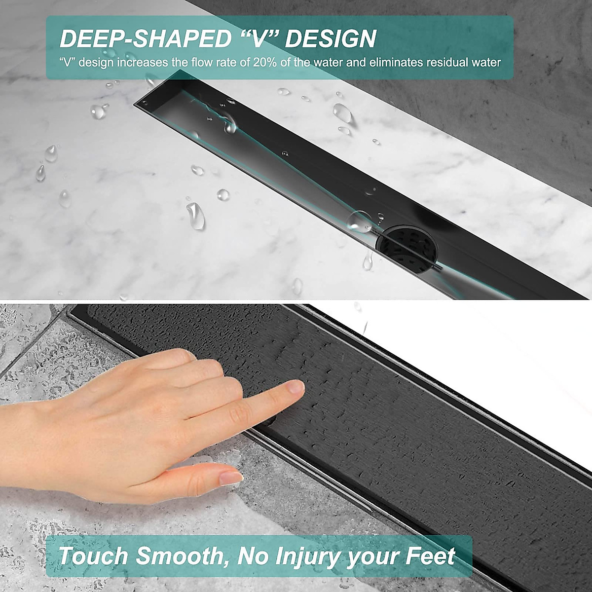 BARONAGE 36-Inch Linear Shower Drain, 2-in-1 Flat & Tile Insert Cover,Brushed SUS 304 Stainless Steel Matte Black Rectangle Shower Floor Drain Adjust