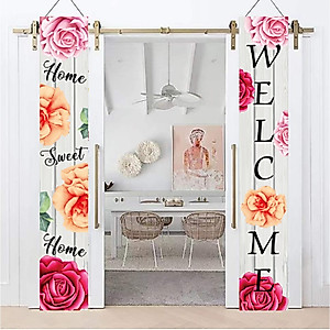LOONELO Welcome Home Porch Banner Decorations with 70.8"X11.8"，Floral Welcome Home Spring Summer Flower Door Sign for Graduation Retirement Military Army Homecoming Decorations