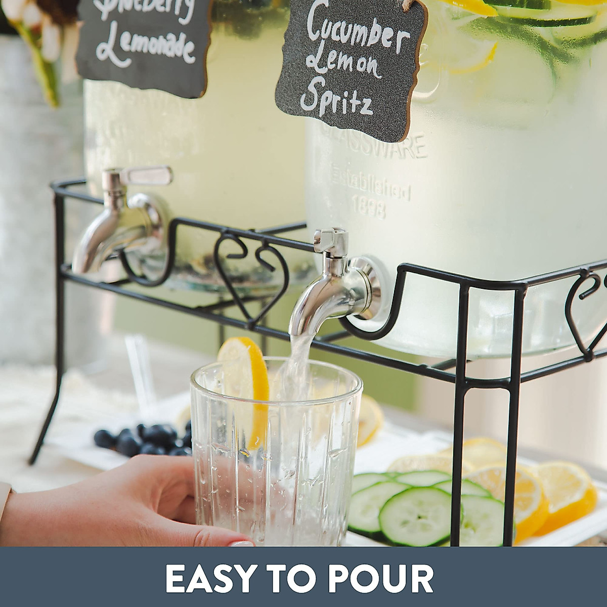 Crutello 2 Pack Glass Beverage Dispenser with Stainless Steel Spigots, 1 Gallon Drink Dispenser Metal Black Stand, Lemonade, Tea, Water, Laundry Detergent - A Family-Owned American Brand