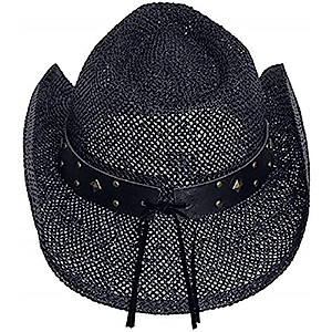 Black Straw Cowboy Hat for Men, Faux Leather, Longhorn, Shapeable Brim