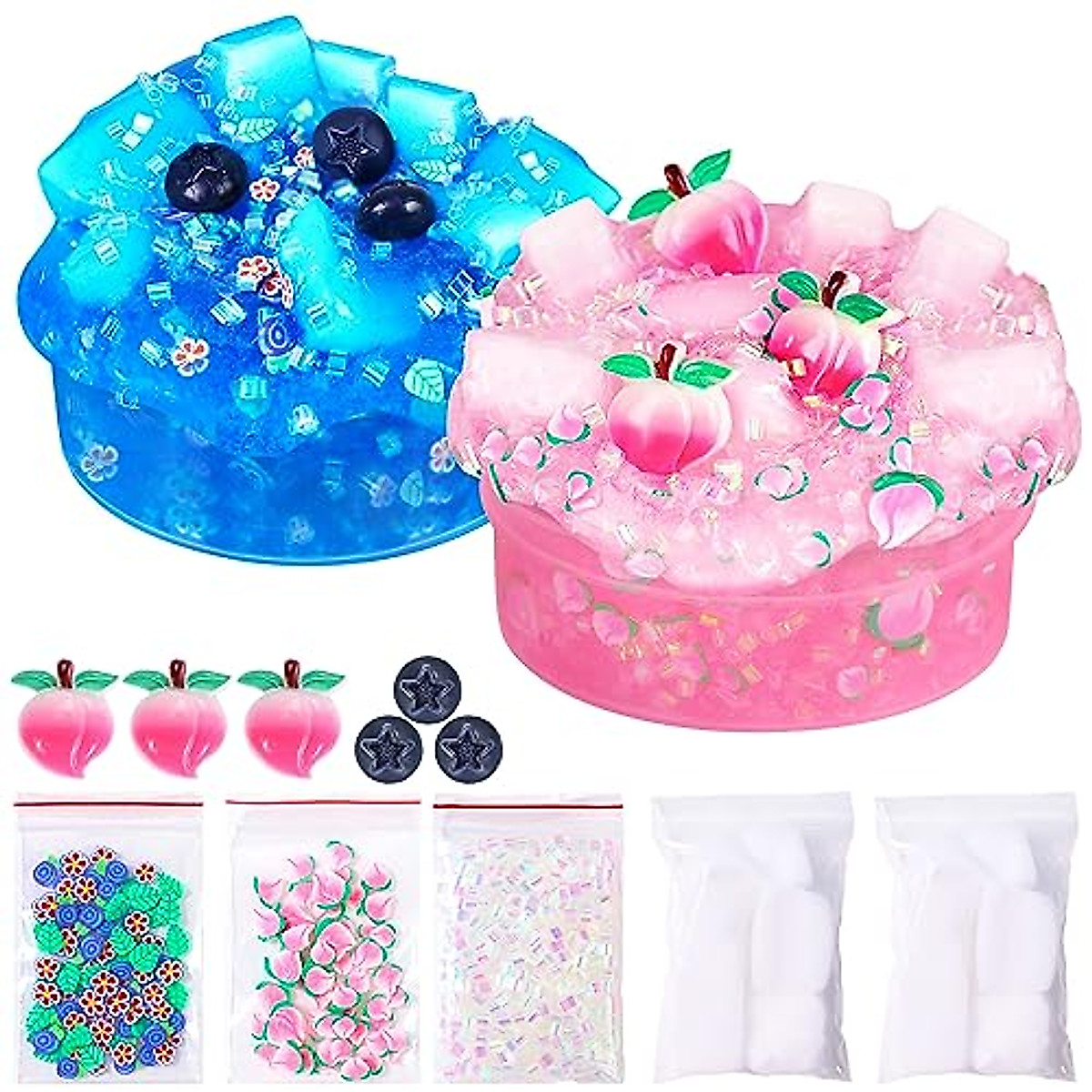 GOHEYI 2 Packs Jelly Cube Crunchy Slime, Pink Peach and Blue Blueberries Soft Non-Stick Slime Kit, Birthday Gift DIY Crystal Glue Boba Slime Party Favor for Girls Boys Kids