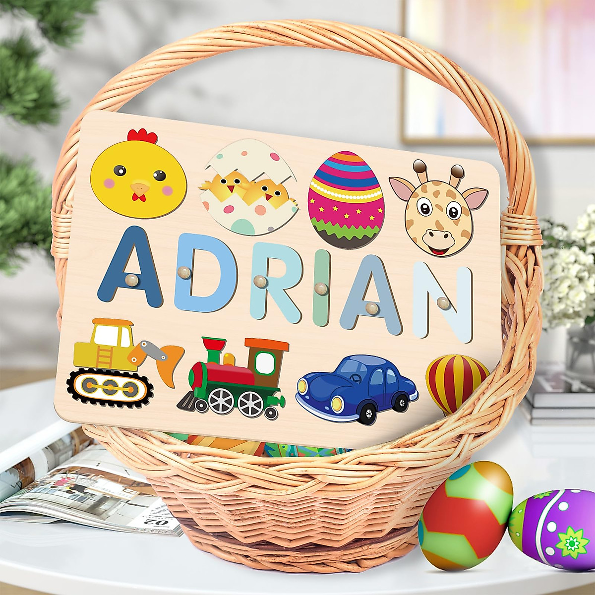 OELTTG Name Puzzle for Kids Personalized, 1st Birthday Girl and Boy, Easter Basket Stuffers for Toddler, Custom Baby Easter Gifts with Engraved Text on Back, Montessori Learning Toys for Boy & Girl