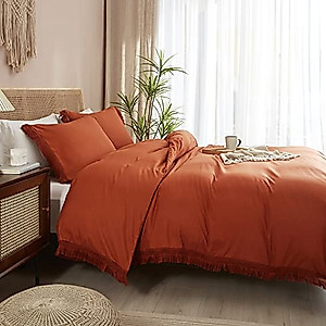 Smoofy Comforter Set Queen Size Terracotta 3 Pcs Boho Fringe Tufted Soft Microfiber Bedding Sets, Tassel Burnt Orange Comforter Sets for All Season (1 Comforter + 2 Pillowcases)