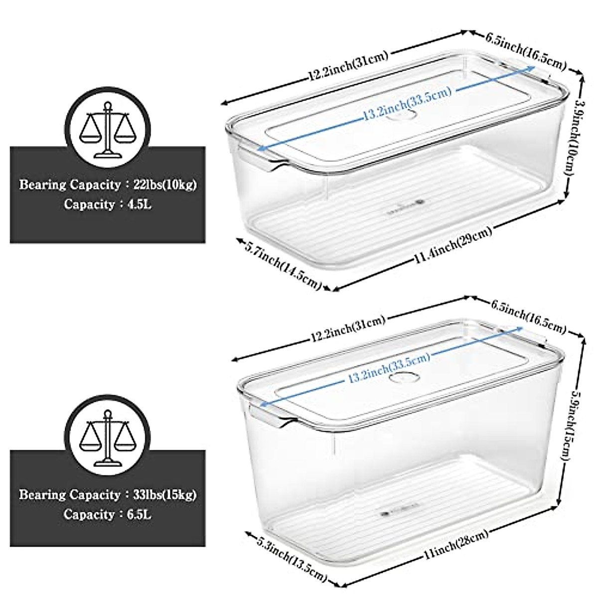 EZOWare 6 Pack Stackable Clear Refrigerator Organizer Bins with Lid, Narrow Plastic Storage Box Containers Ideal for Kitchen Cabinet, Pantry Organization, Fridge, Freezer - 2 Sizes