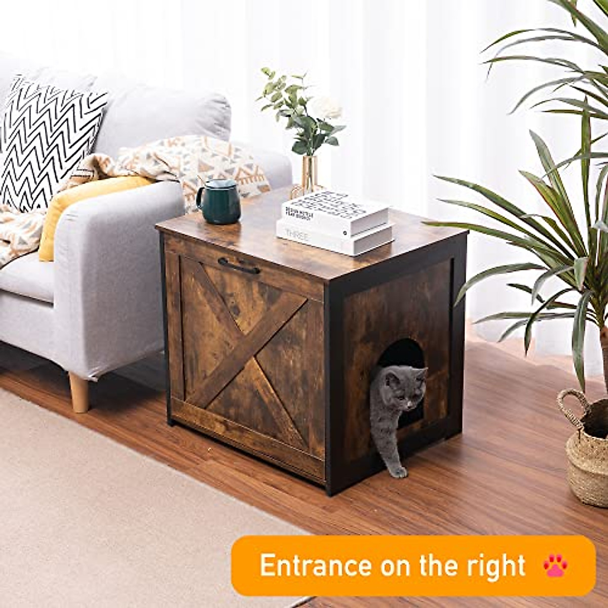 DWANTON Cat Litter Box Furniture Hidden, Cat Litter Box Enclosure, Reversible Entrance Can Be on Left or Right Side, Indoor Cat Box Cabinet, Wooden Cat Washroom, End Table, Nightstand