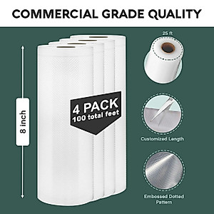 Avid Armor - Vacuum Seal Rolls, Vac Seal Bags for Food Storage, Meal Saver Freezer Vacuum Sealer Bags, Sous Vide Bags Vacuum Sealer, Non-BPA Vacuum Sealer Bags, 8 inches by 25 feet, Pack of 4