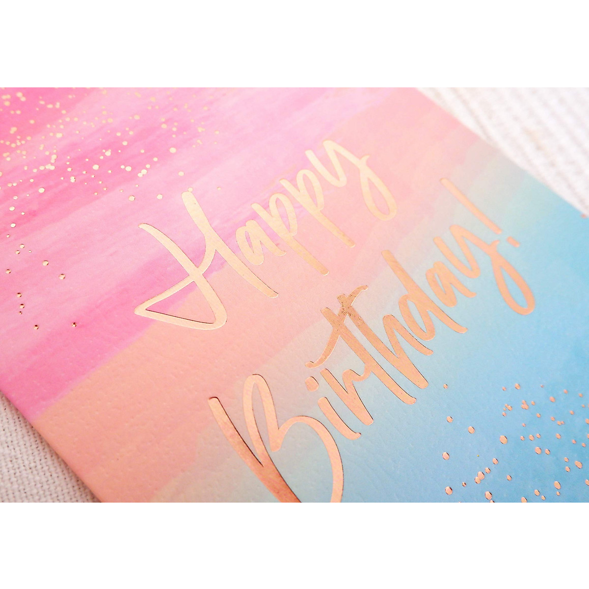 Birthday Card - Single Happy Birthday Greeting Card with Rose Gold Foil Sprinkles and Lettering on Ombre Blue Yellow Pink Textured Paper with Kraft Envelope - 5" x 7" - Blank Inside