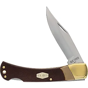 Old Timer 6OT Golden Bear Traditional Lockback Pocket Knife with 3.9in High Carbon Stainless Steel Clip Point Blade, Sawcut Handle, and Lanyard Hole for Hunting, Whittling, Camping, EDC, and Outdoors