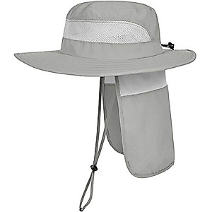 LCZTN Mens UPF 50+ Sun Protection Safari Cap Wide Brim Fishing Hiking Hat with Neck Flap for Garden Work (Light Grey)