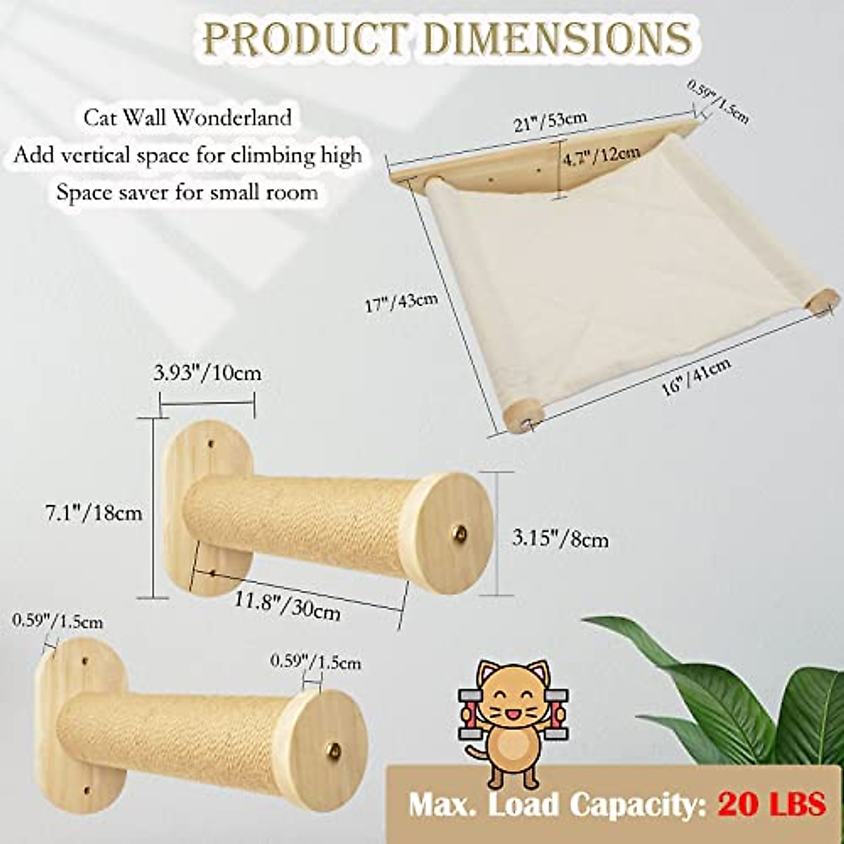 Cat Wall Shelves, Cat Hammock Wall Mounted Shelf with 2 Steps Cat Climbing Shelf and Sisal Cat Rope Scratching Post Cat Wall Furniture Cat Bridge Ladder Wooden Cat Wall Bed up to 20 lbs