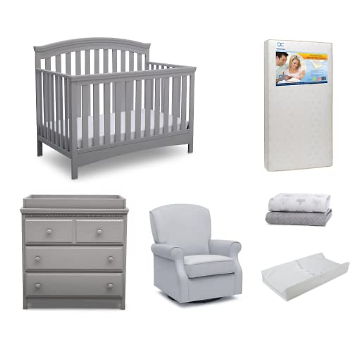 Delta Children Emerson Crib 7-Piece Baby Nursery Furniture Set–Includes: Convertible Crib, Glider, Dresser, Changing Top, Crib Mattress, Sheets, & Changing Pad, Grey