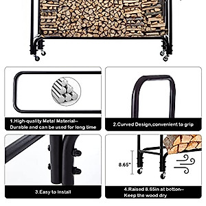 Kweetle 4FT Outdoor Firewood Rack with Wheels and Weather-proof Cover, Log Storage Stand Metal Fire Wood Holder Heavy Duty Firewood Cart for Firewood