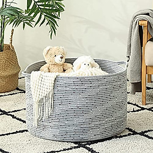 KAKAMAY Large Cotton Rope Blanket Basket (20"x13"),Woven Baby Laundry Hamper，Blanket Basket for Nursery, Laundry, Living Room, Pillows, Toys with Handles （White/Beige/Grey）