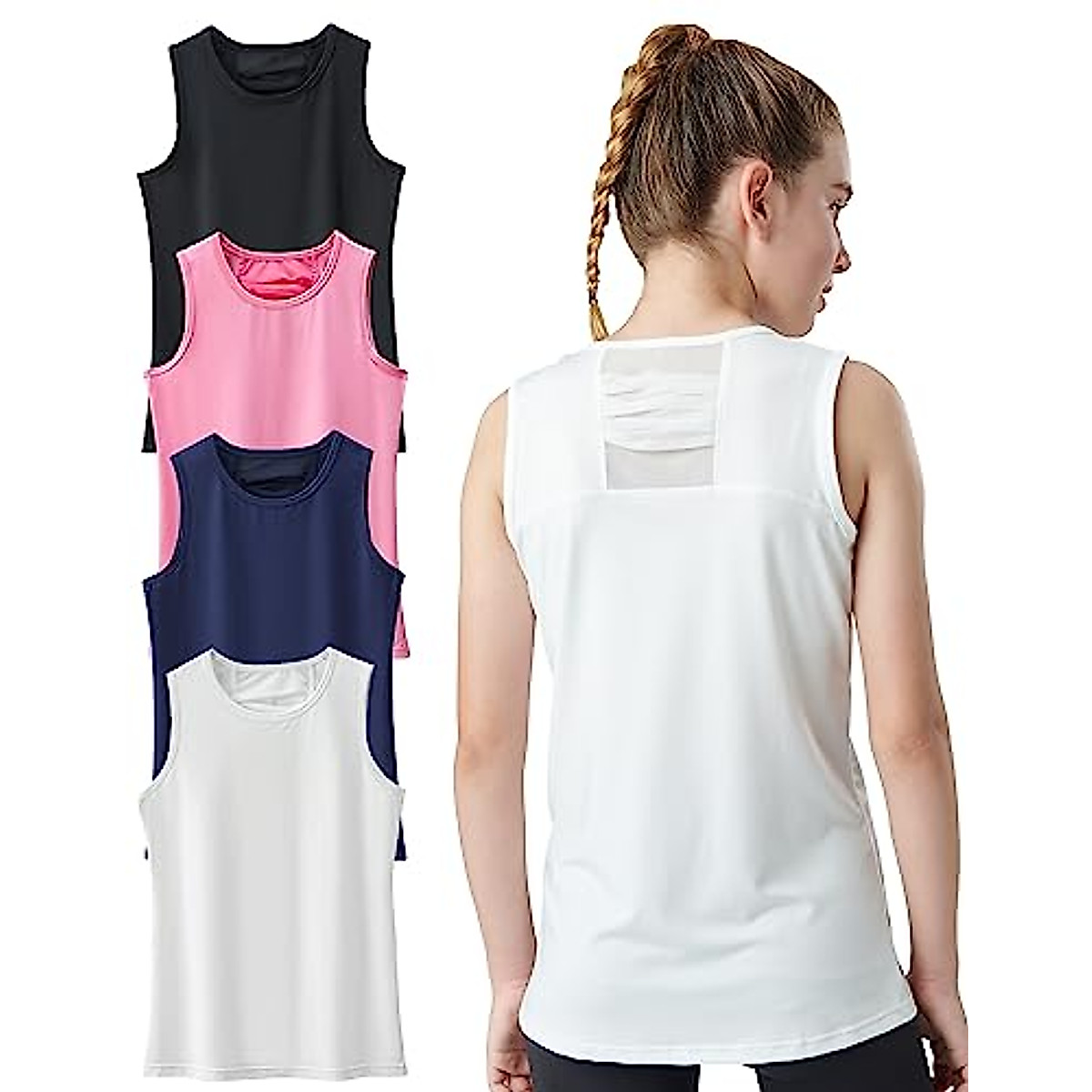 4 Pack Youth Girls Athletic Tank Tops Dry Fit Active Performance Tech Sleeveless Shirts (Set 2, Medium)