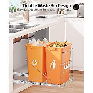 Double 37 Quart Pull Out Trash Can Under Cabinet, Under Sink Trash Can Rack, 70 Liter Total Capacity, Cabinet Trash Can Pull Out Kit, Not Included Can