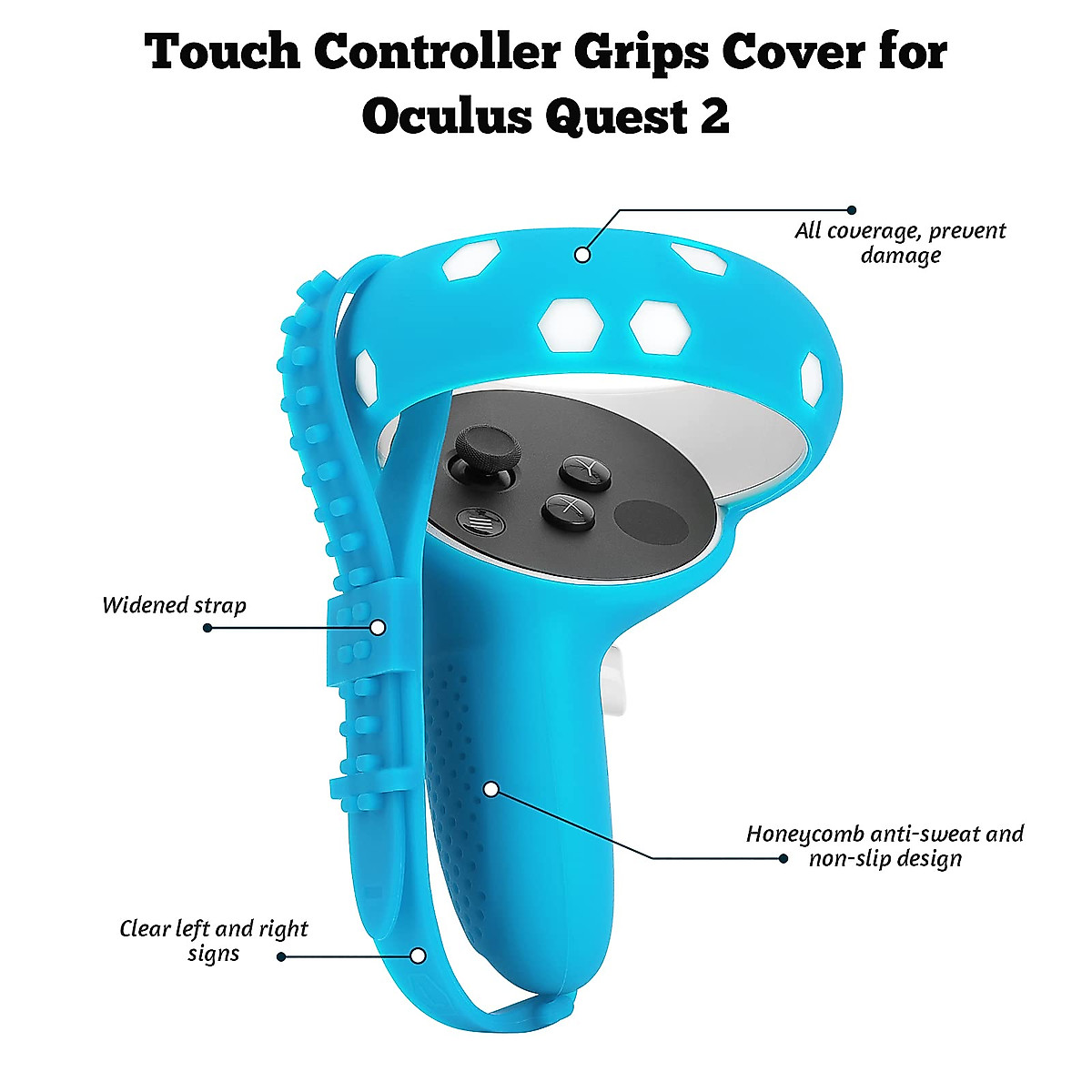 Kuways Design Silicone Touch Controller Grip Cover for Oculus Quest 2 Accessories, Anti-Throw Protector with Adjustable Knuckle Straps, Full Cover Handle Sleeve (Light Blue)