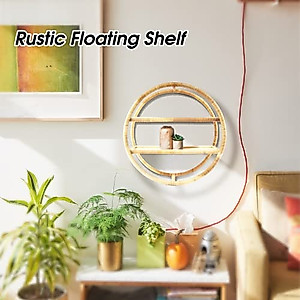 T'Furni Rattan Round and Horizontal Stripes Wall Shelf for Living Room Kitchen Wall Decor - Natural Rattan Floating Shelves - Natural Hanging Book - Wall Shelves with Storage