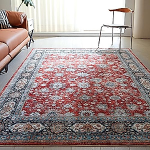 Rugcomf Area Rug 5x7 Washable Rug Boho Rug Soft Non-Slip Non-Shedding Faux Wool Vintage Rug for Living Room, Bedroom Rug, Farmhouse, Dining Room, Indoor, Kids Playroom (Red)