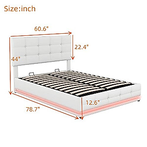 Full Size Lift Up Storage Bed/with Storage and LED Light Button Tufted Wingback adjustable headboard and USB Charger, Hydraulic Storage System for Kids Teens and Adults, No Box Spring Needed (White)
