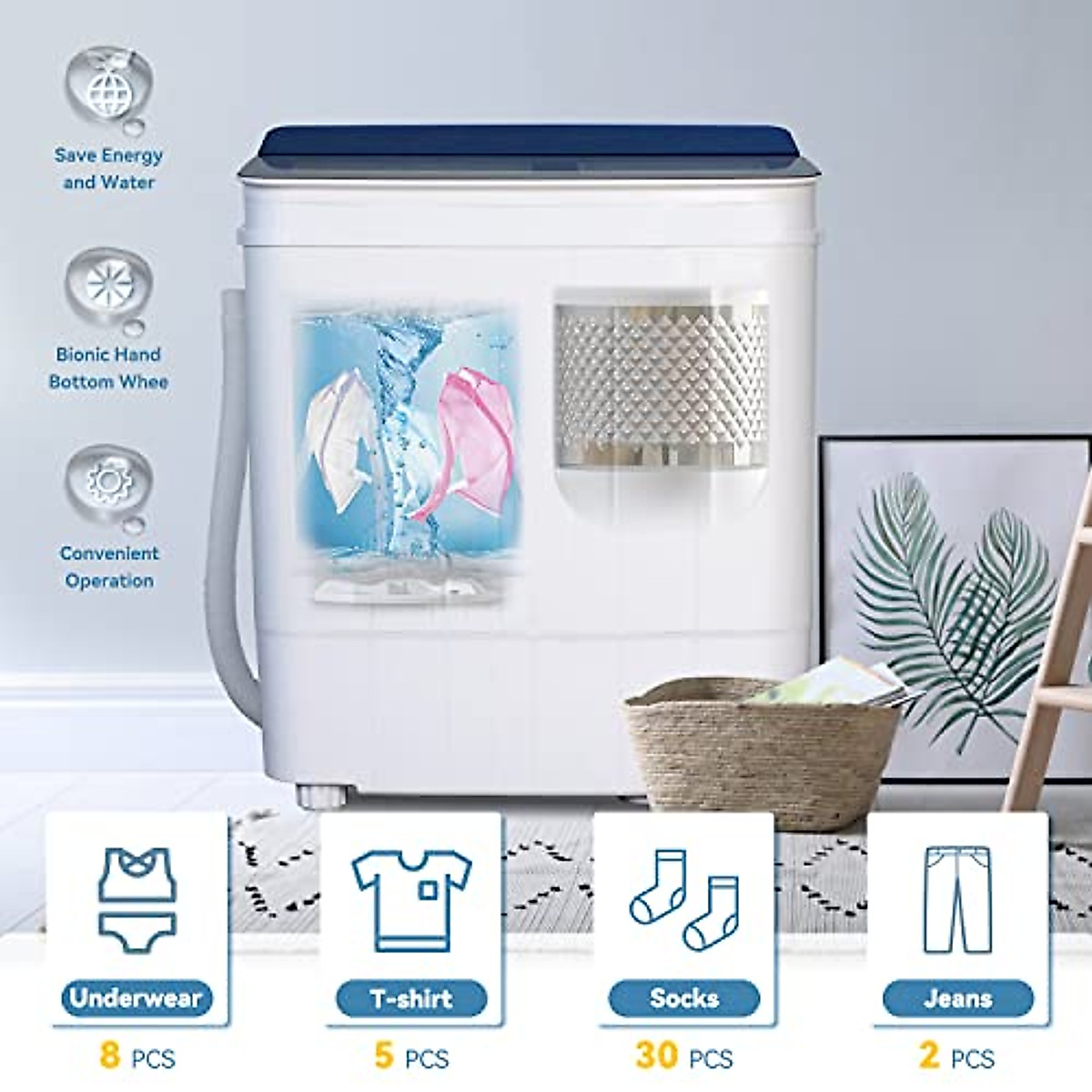 Greenvelly Portable Washing Machine Washer, 17.6 Lbs Small Mini Twin Tub Washer and Dryer Combo, Compact Laundry Clothes Washer, Automatic Wash and Spin Cycle for Apartment RV Dorm Camping (Blue Glass)