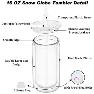 Micellwuu 16 oz Plastic Snow Globe Tumbler, 8 Pack Double Wall Snowglobe Tumbler with Pre Drilled Hole, Plastic Mason Jar Cups Can for Snow Globe Glitter DIY (Clear)